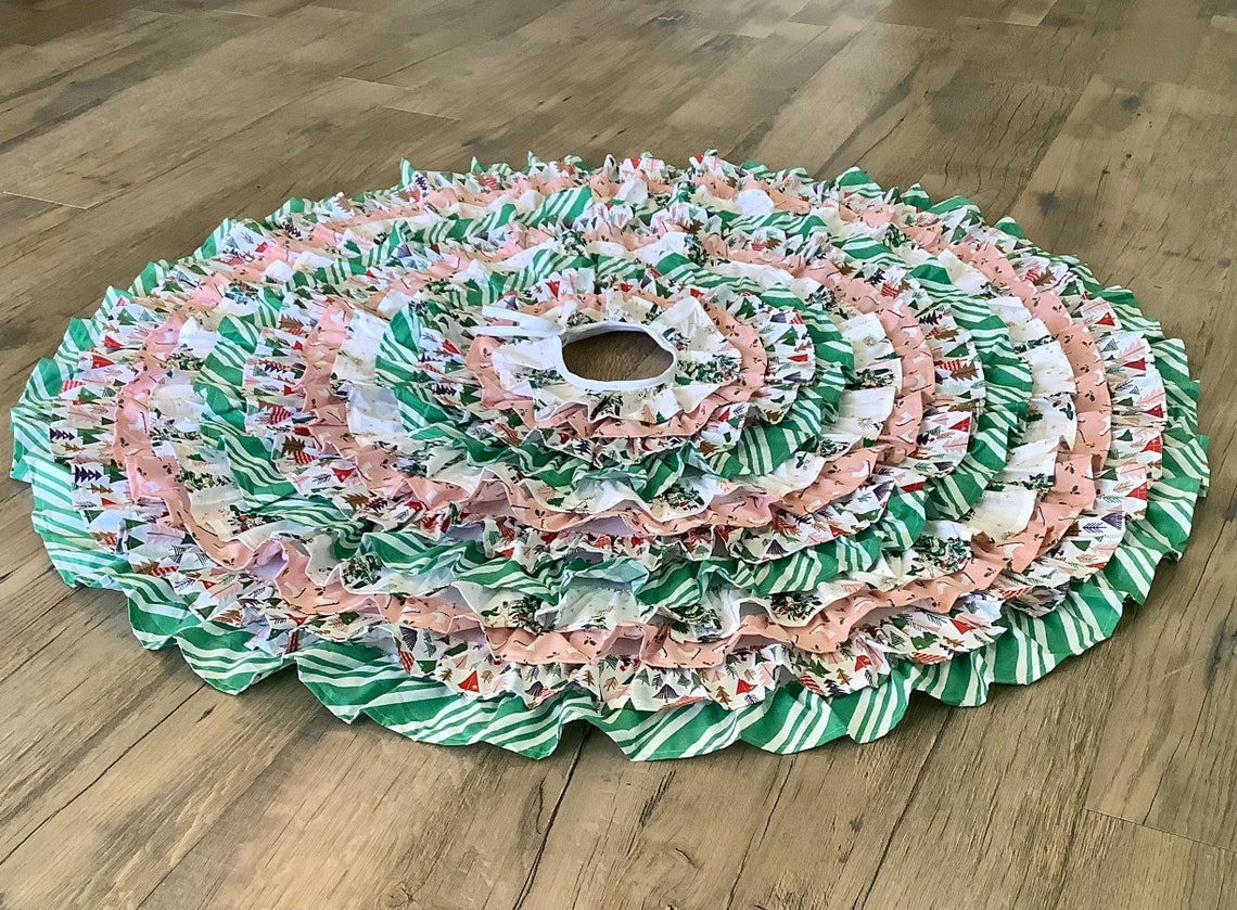 Blush Pink Ruffled Christmas Tree Skirt With Green Stripes - Etsy