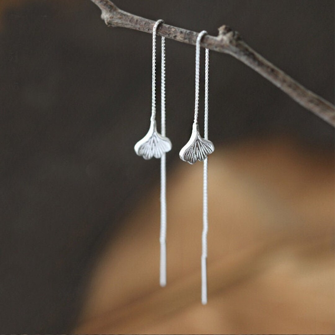 Gingko Threader Earrings,silver Threader, Ear Thread, Ear Threaders ...