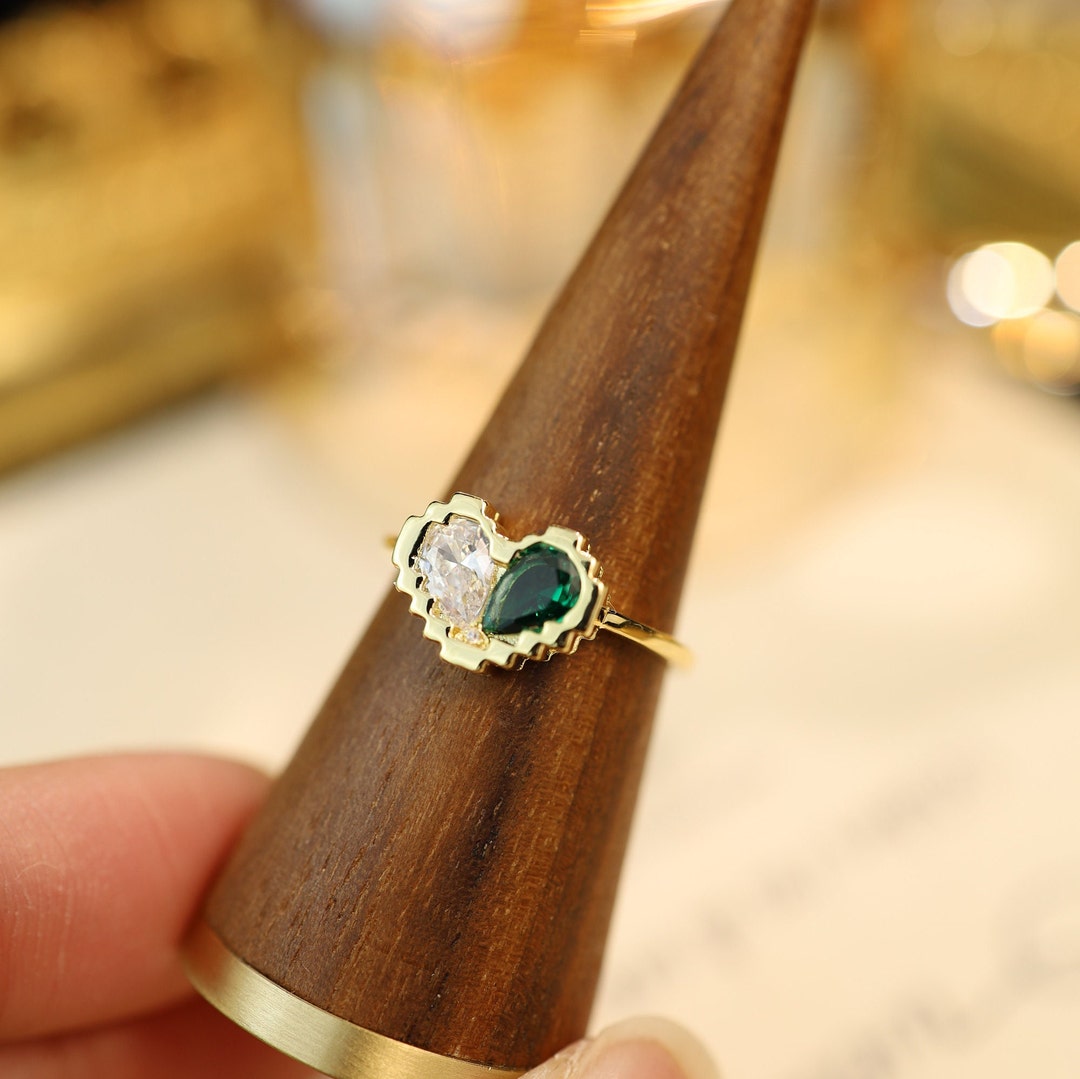 Adjustable Gold Emerald Green Heart Ringopen Green Stone - Etsy