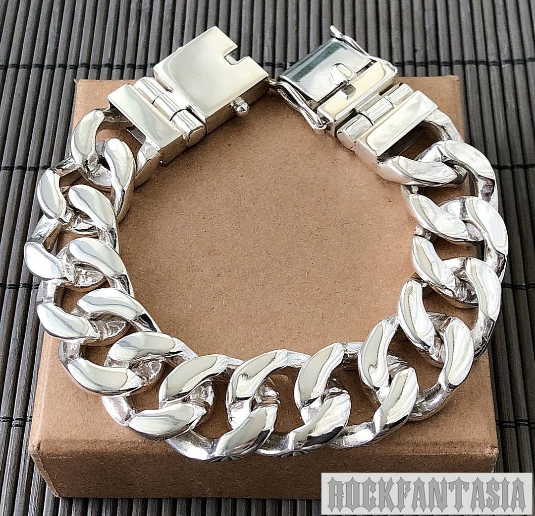 Heavy Bracelet Wide Curb Men's 925 Sterling Silver Chunky Gift Chain ...