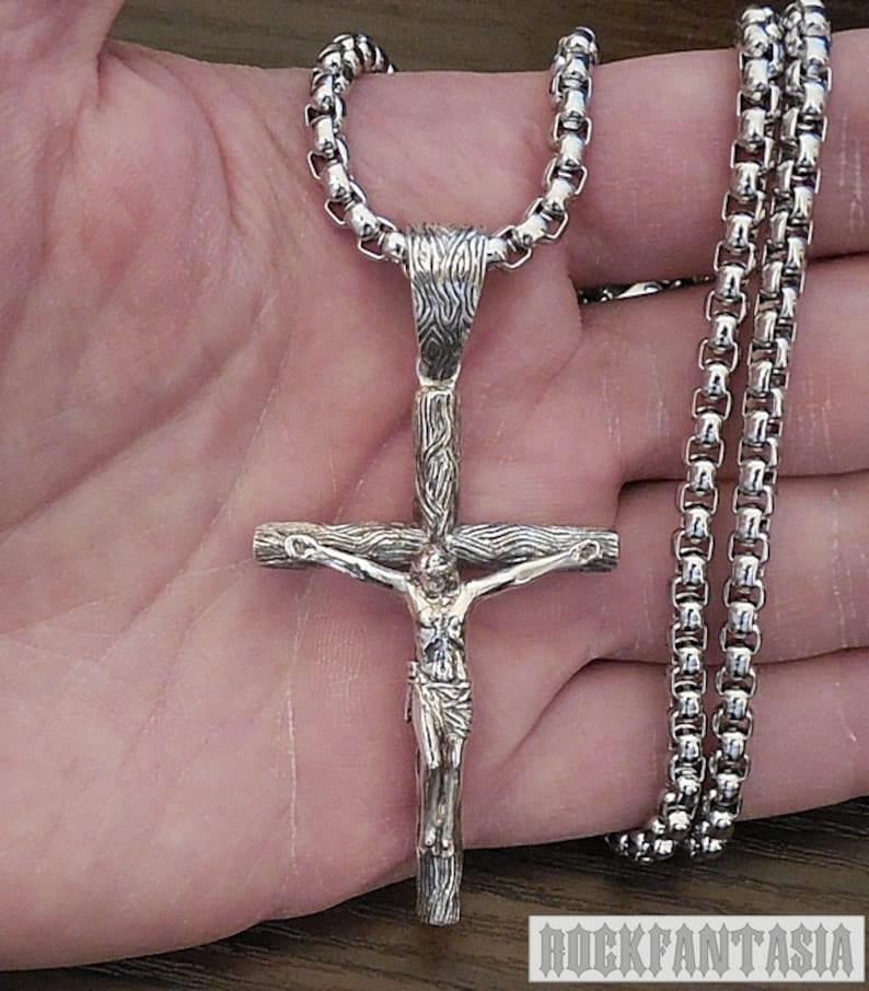 Crucifix Jesus Cross Pendant 925 Sterling Silver Chain Men Boy Wood Big ...