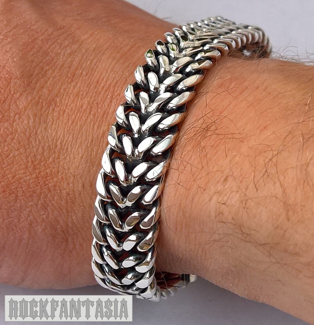 Double Curb Bracelet Chain Mens Sterling Silver Woven Byzantine Heavy ...