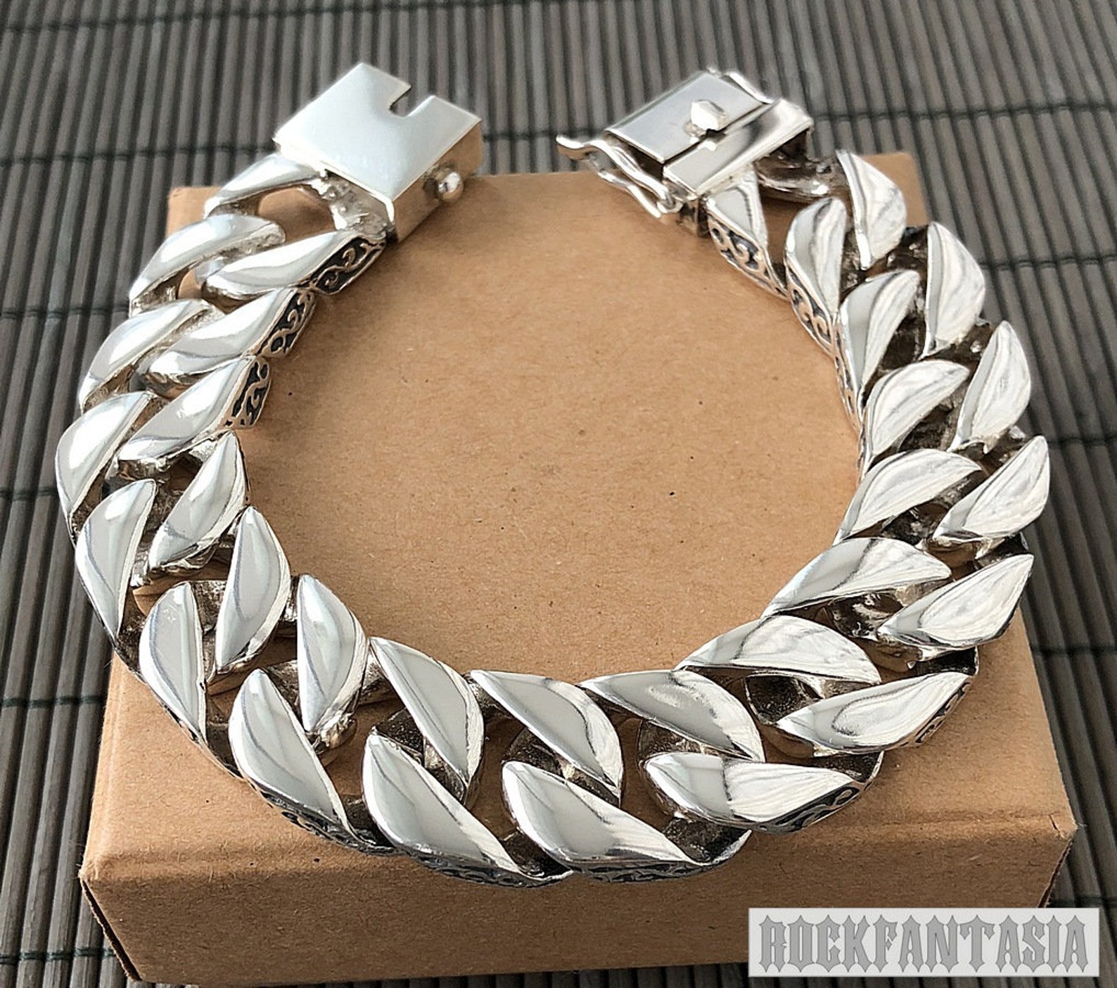 Heavy Bracelet Wide Curb Men's 925 Sterling Silver Gift Chain Box Clasp ...