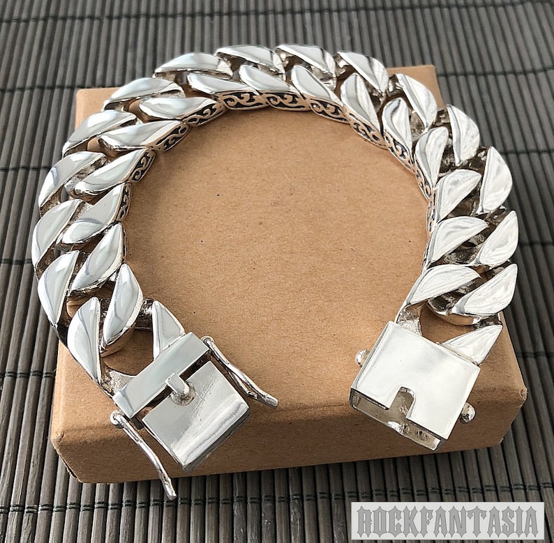 Heavy Bracelet Wide Curb Men's 925 Sterling Silver Gift Chain Box Clasp ...