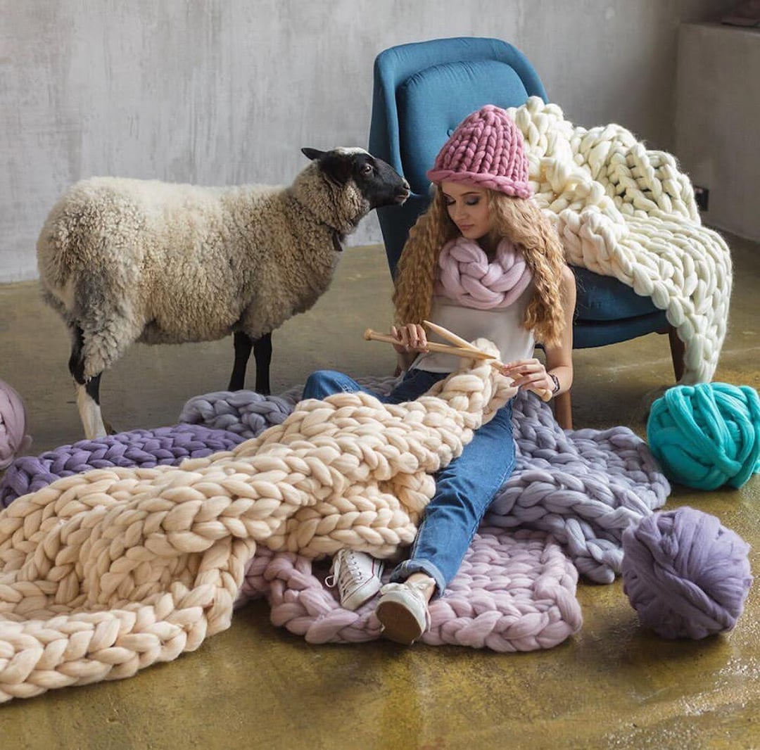 Super Chunky Throw, Hand Knit Woolen Blanket, Thick Yarn Throw - Etsy