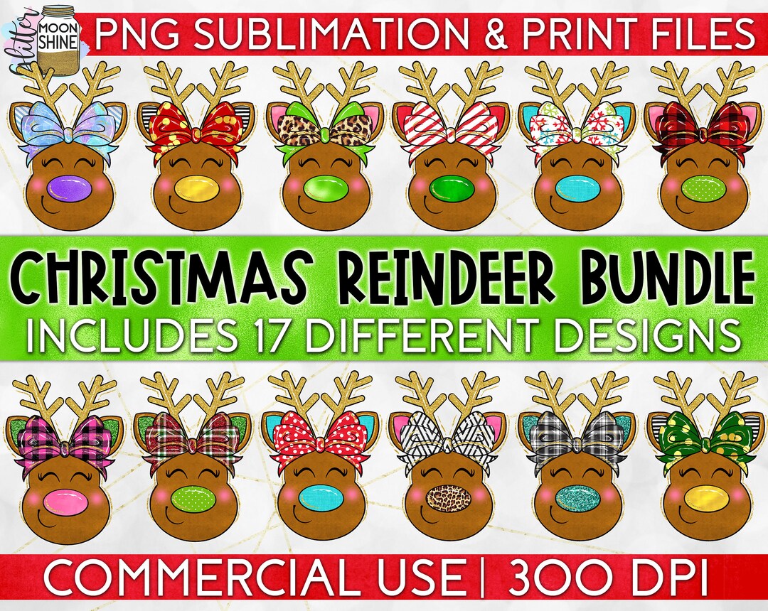 Christmas Reindeer Sublimation Bundle of 17 PNG Print File for ...