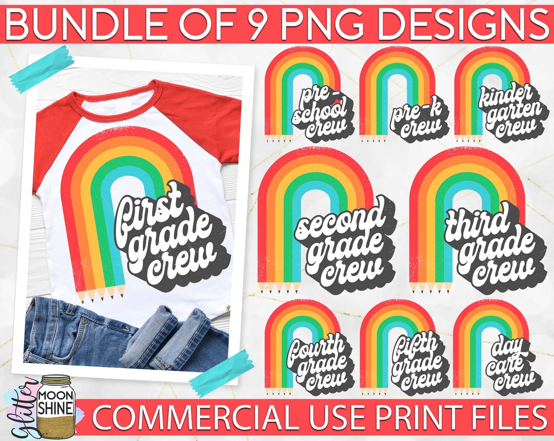 School Crew Rainbow Bright Grade Bundle of 9 PNG Print File for ...