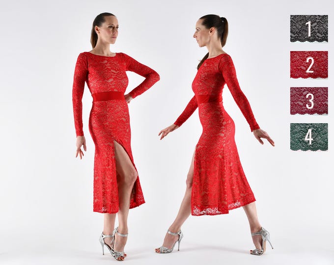Argentine Tango Dress, Boat Neck Front Open Low Back Ruched Paneled ...