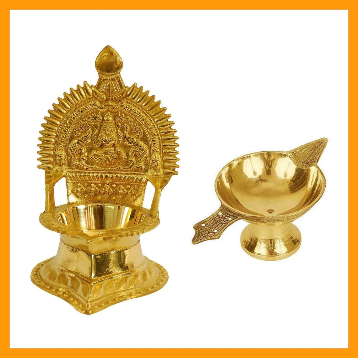 Set of 2 Pure Brass (1 Brass Diya + 1 Kamakshi Deepam) Arti Diya Deepak ...