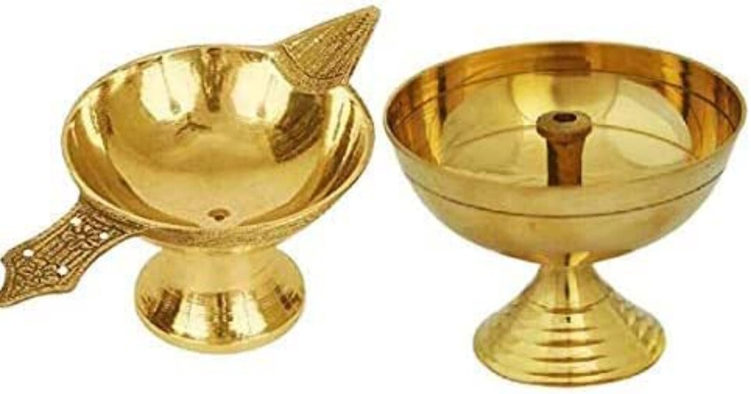 2 X Pure Brass (1 Brass Diya + 1 Akhand Diya) Arti Diya Deepak Lamp ...