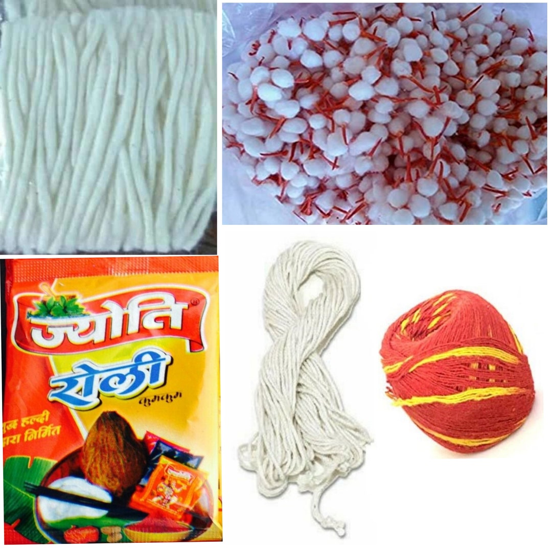 Diwali Puja - Pack of 5 100 Long Wicks 100 Round Wicks 1 X Kalawa Moli ...