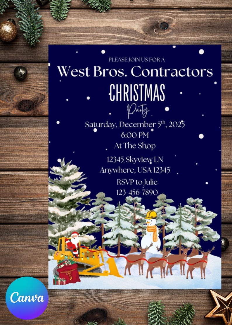 Construction Christmas Party Invitation: Editable Canva Template ...