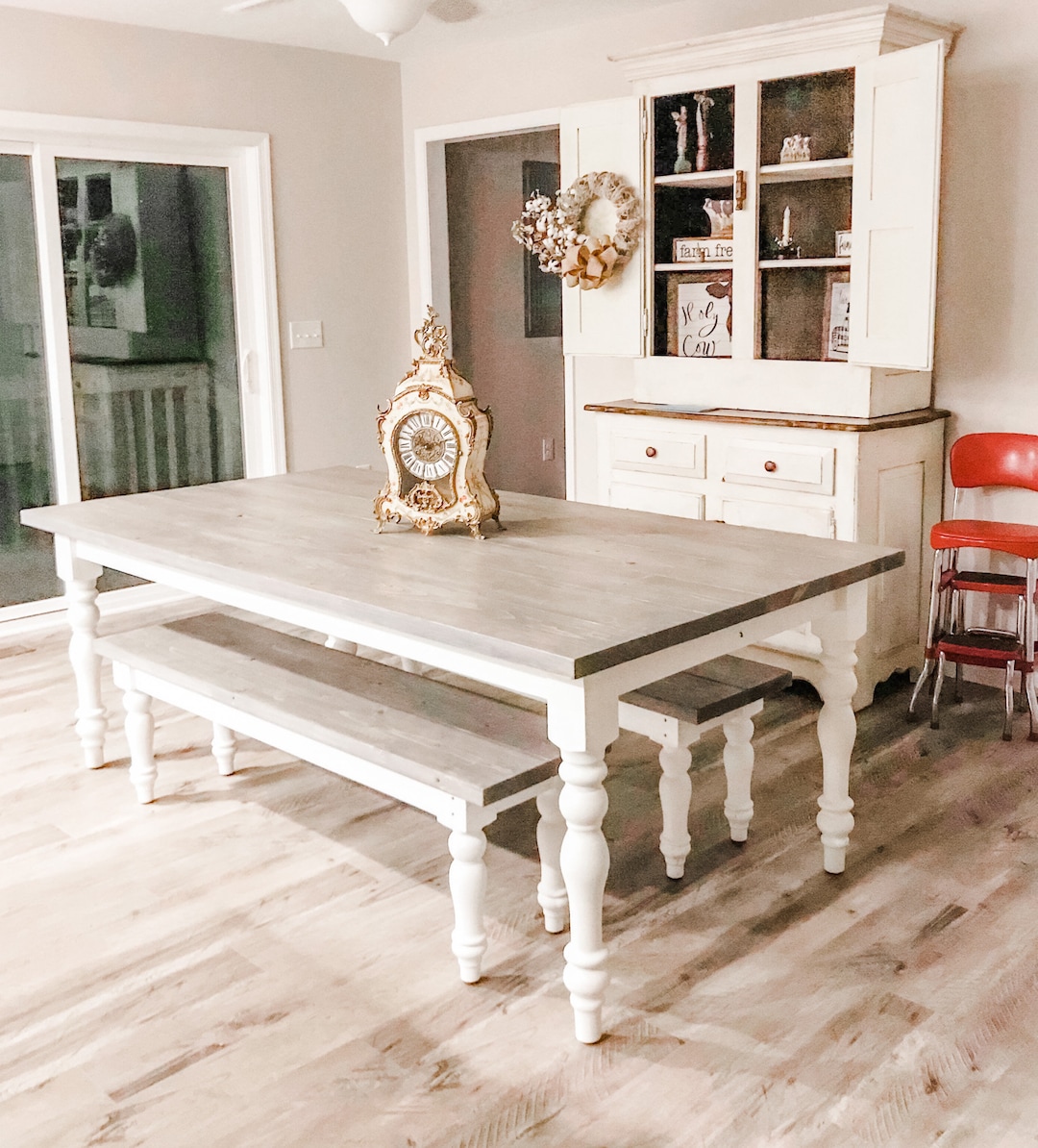 Large Farmhouse Table, Gray Farmhouse Table, Turned Leg Farm Table ...