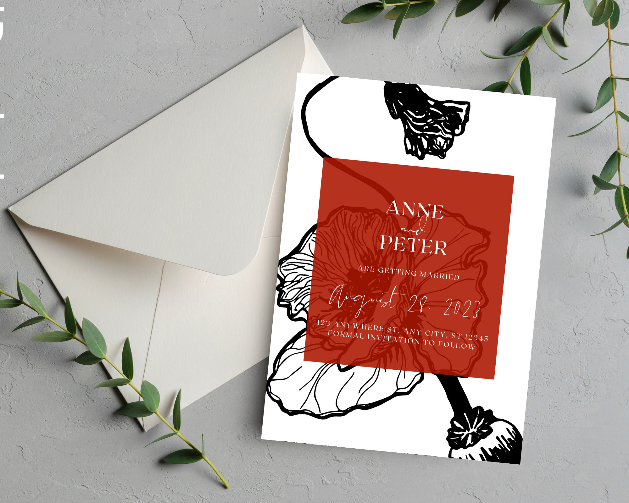 Printable Digital Red Flower Invitations | Minimalist Digital Art ...