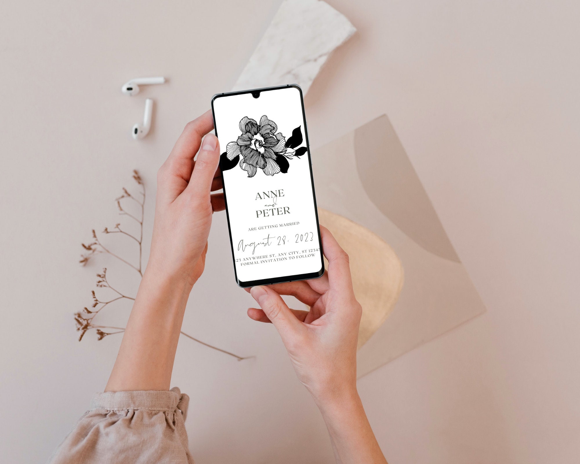 Printable Black Stamp Flower Invitations | Minimalist Digital Art ...