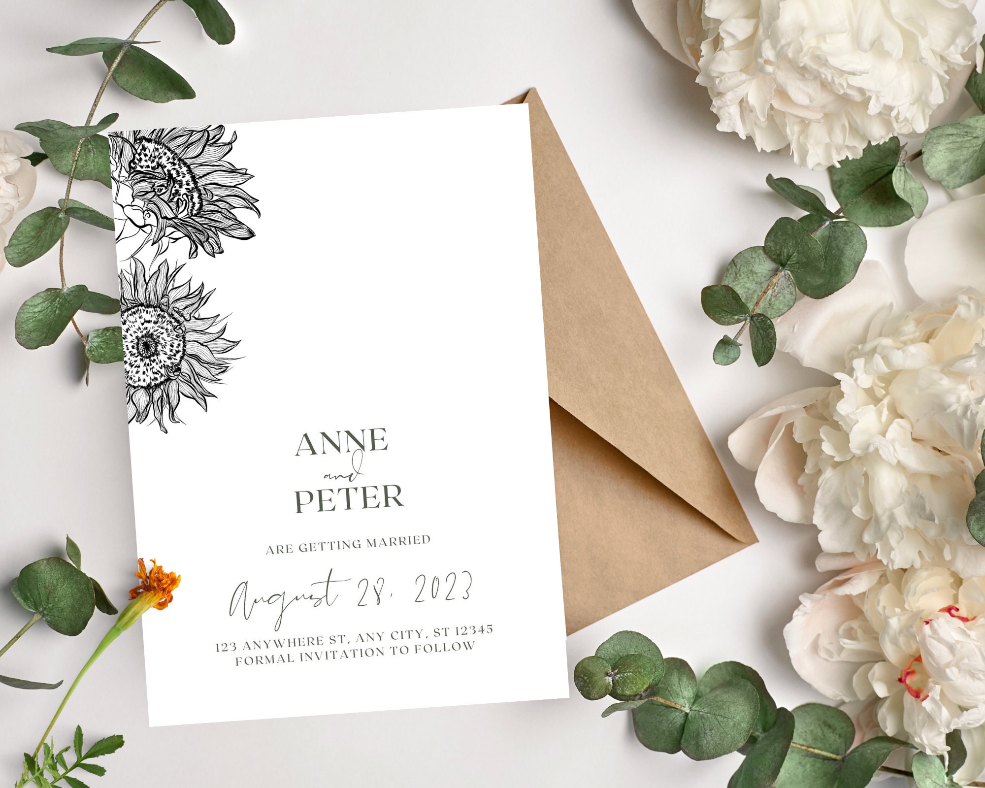 Printable Sunflower Cursive Invitations | Minimalist Digital Art ...