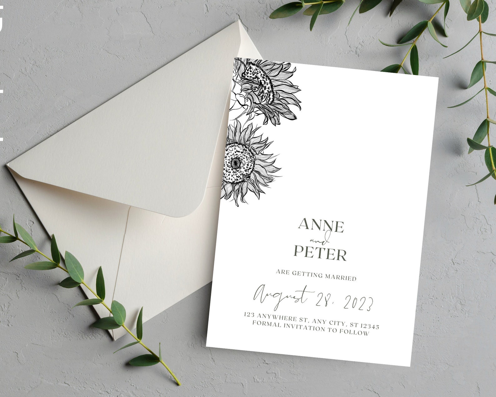 Printable Sunflower Cursive Invitations | Minimalist Digital Art ...