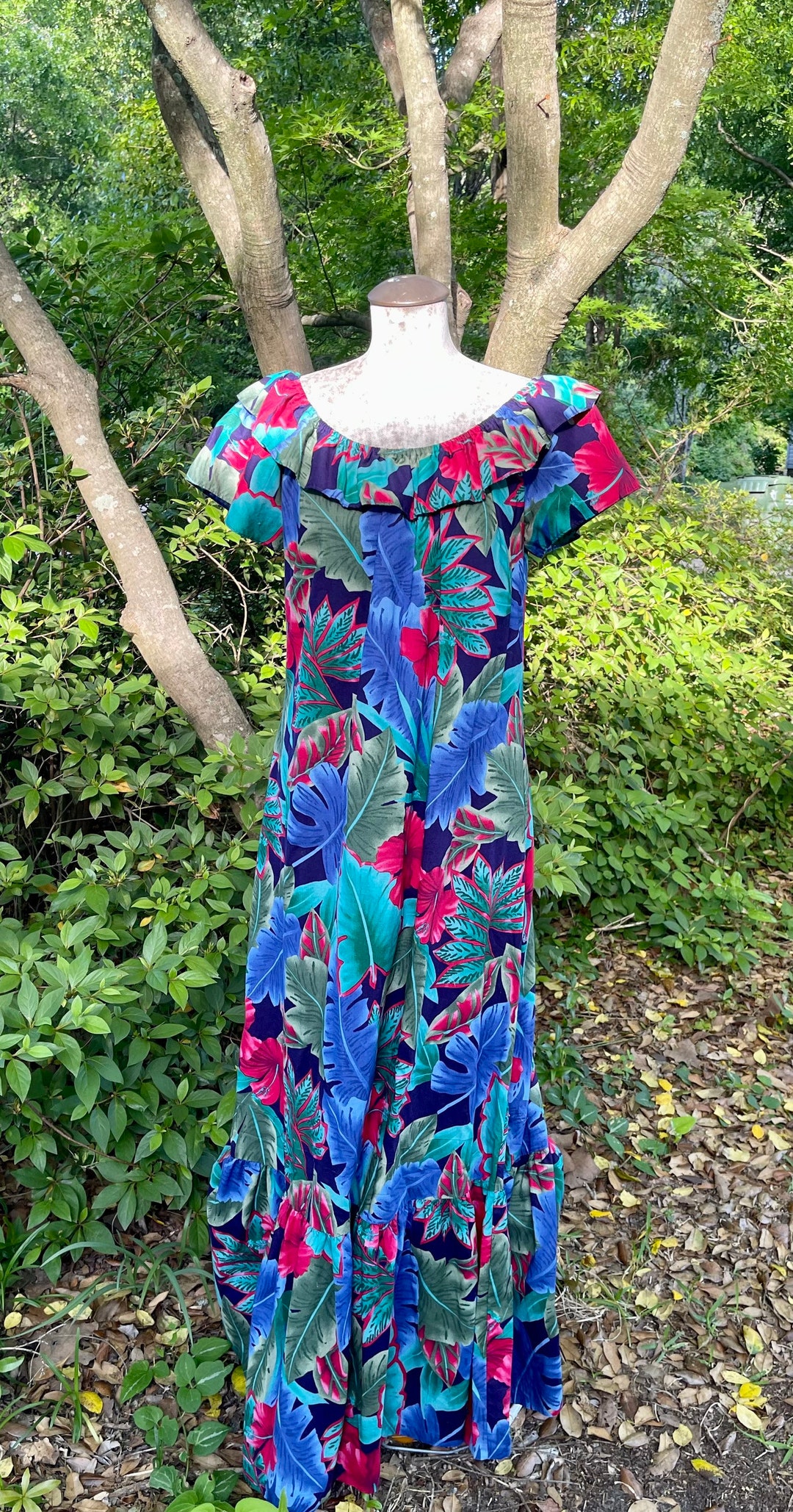 Vintage Hilo Hattie Mumu Maxi Dress Bright Tropical Floral Hot Pink And