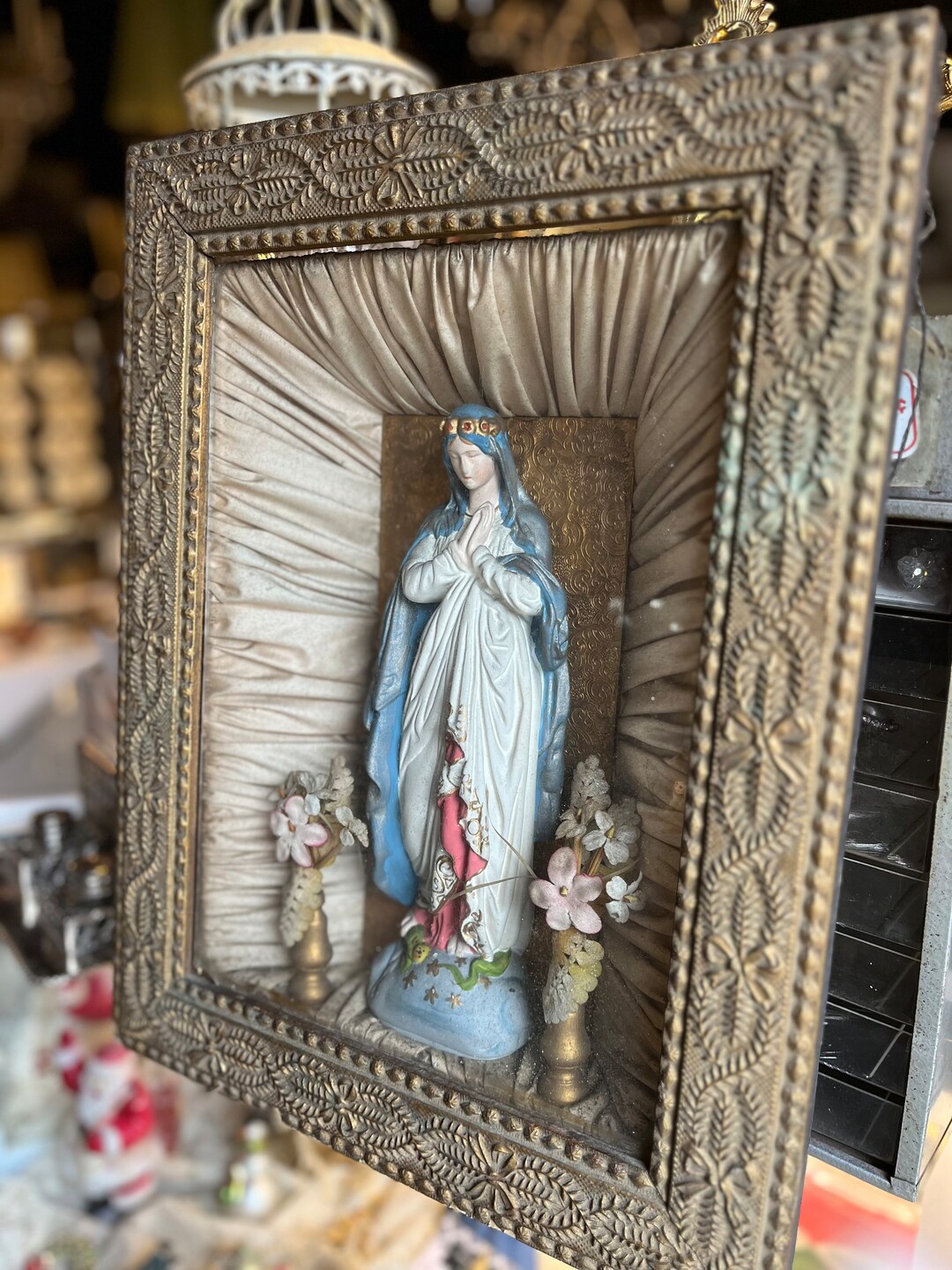 Antique Late 1800s MADONNA SHRINE SHADOWBOX Shrine Religious Chalkware ...