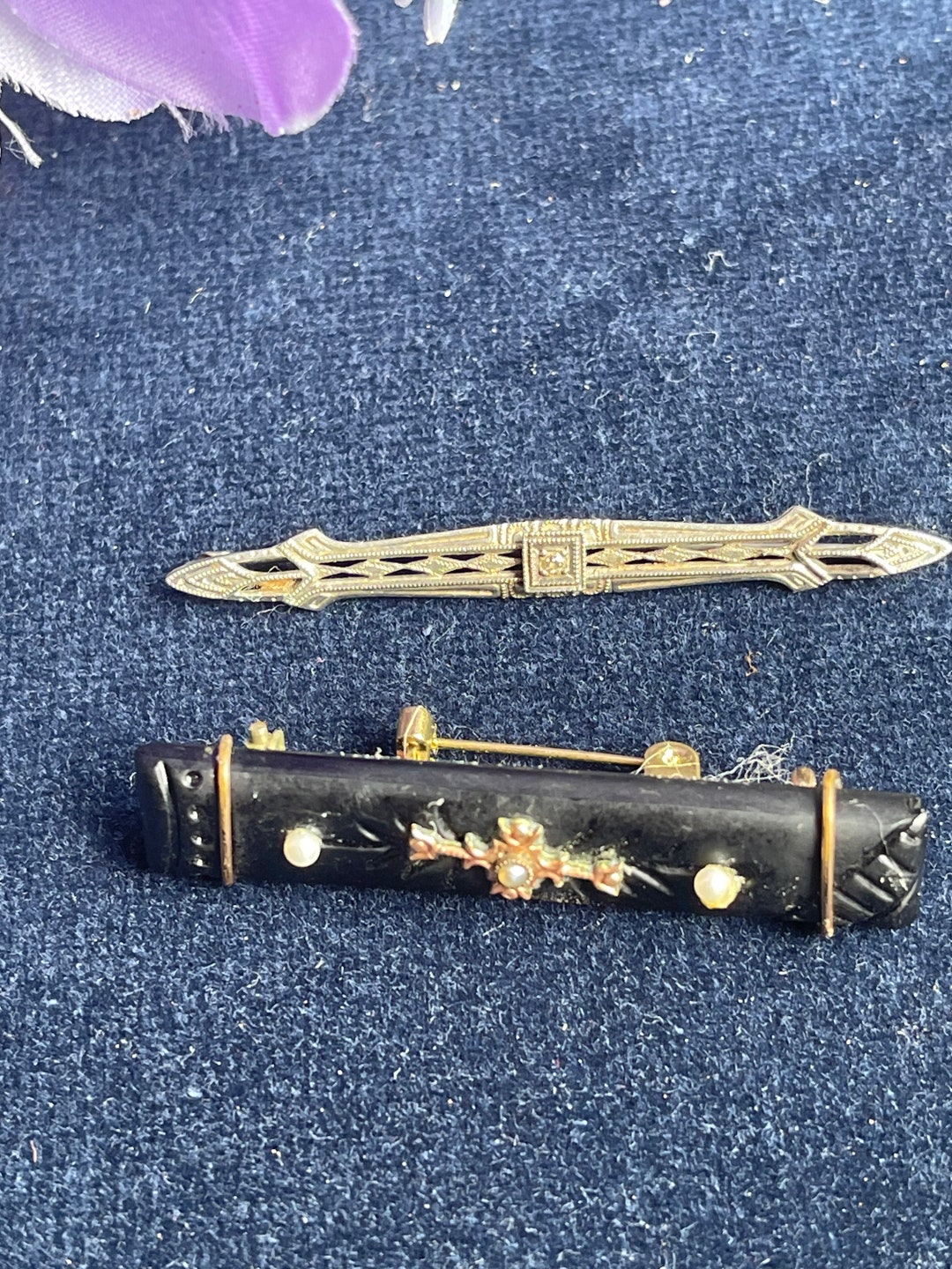 Two ANTIQUE VICTORIAN BAR Pins One Ebony Mourning One Sterling Art Deco ...