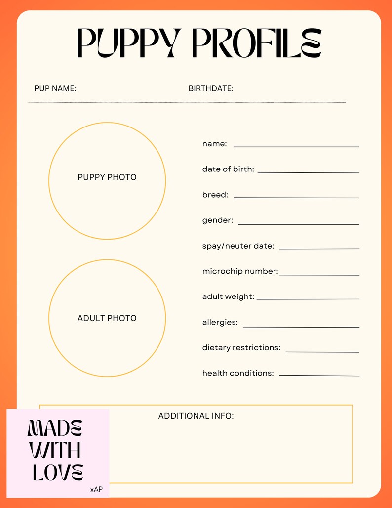 Printable Fillable Puppy Profile, Puppy Vaccination, Puppy Records ...