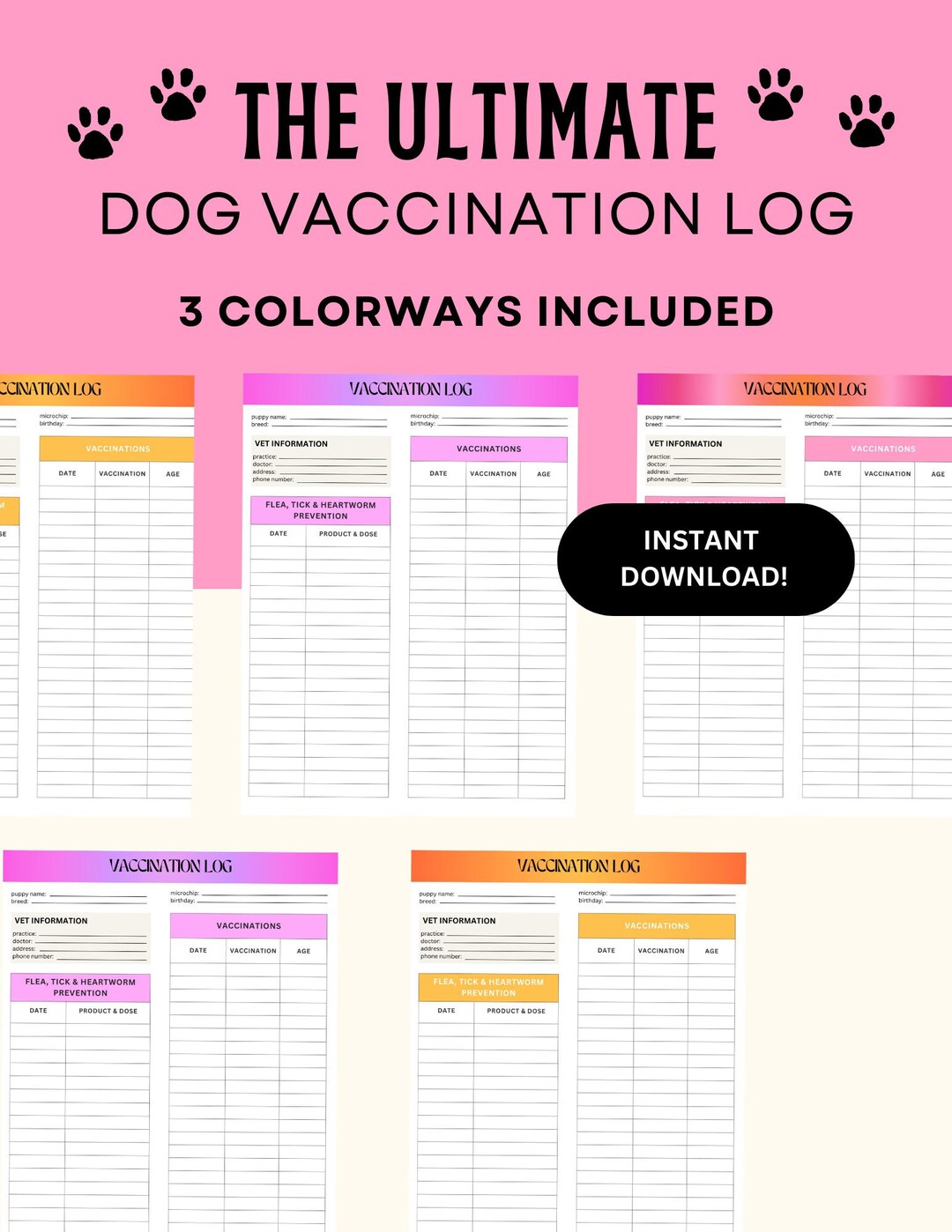 Printable Puppy Vaccination Log, Puppy Vaccines, Puppy Log, Puppy ...