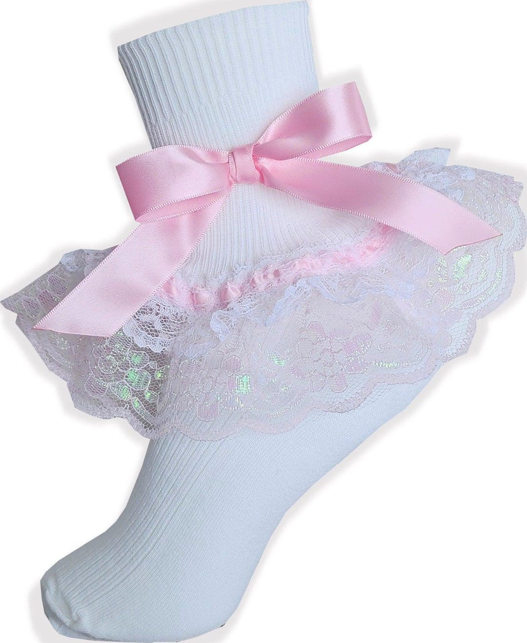 White Ruffle Socks Pink Iridescent Lace Bows for ABDL Adult Sissy ...