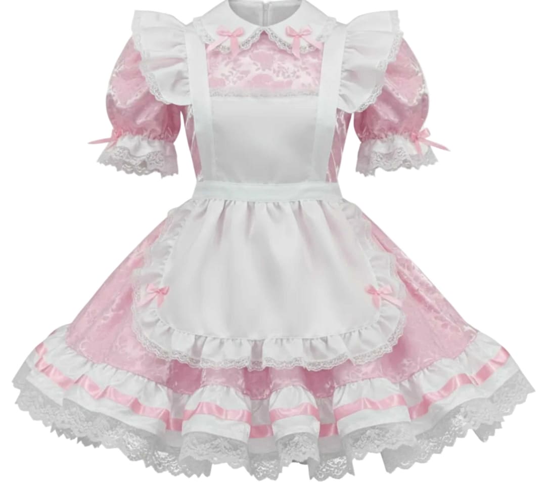 Vashti Custom Fit Pink Satin Brocade Roses Adult Sissy Pinafore Dress ...
