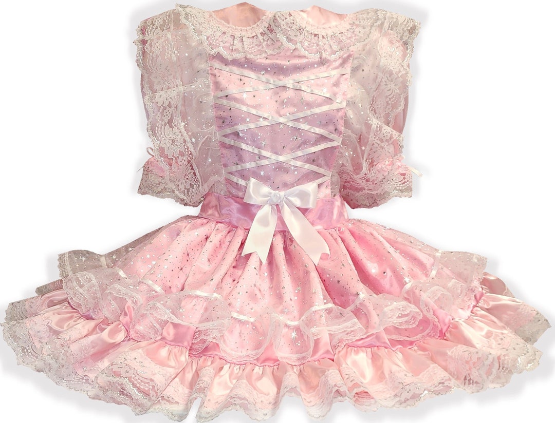 Mila Custom Fit Pink Satin Silver Stars Adult Sissy Dress by Leanne's - Etsy