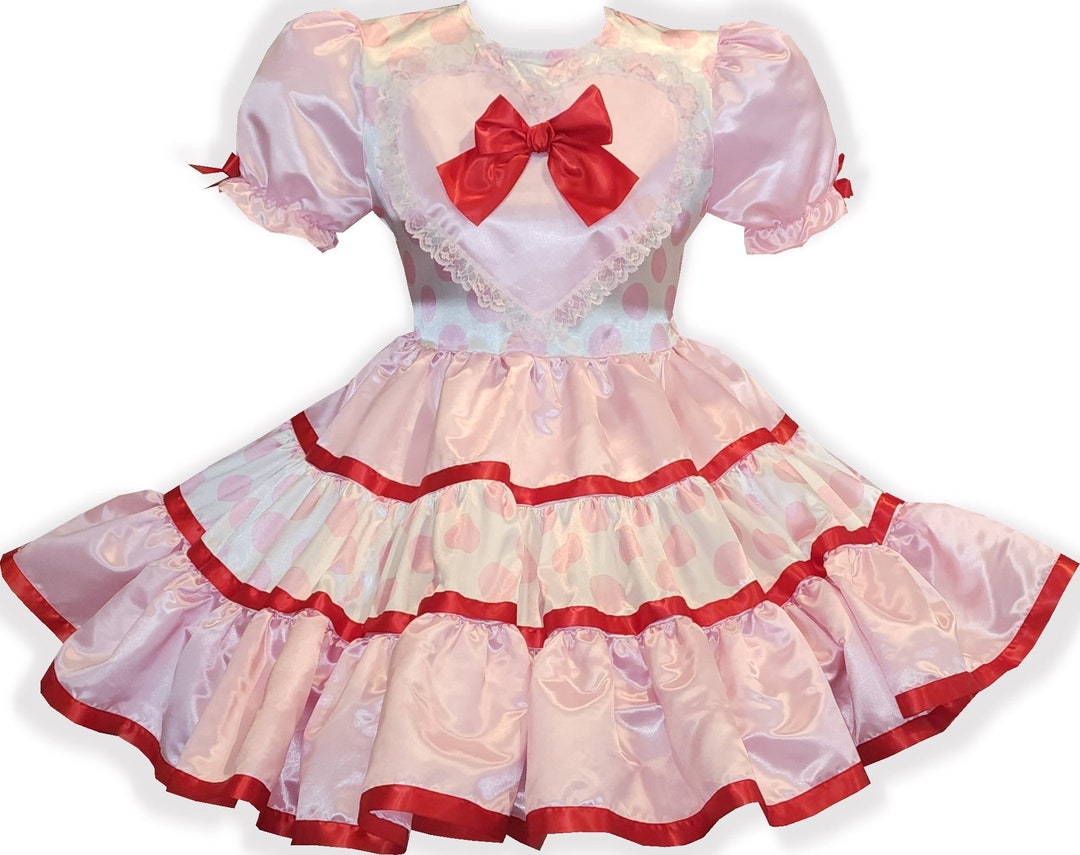 Valene Custom Fit Red Ribbon Pink Satin Polka Dots Adult Sissy Dress by ...