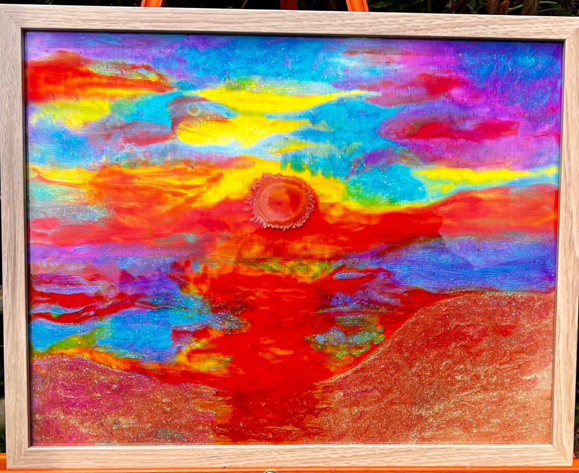 Bright Red Sunset Resin Painting on Plexiglass Framed 19x15” - Etsy
