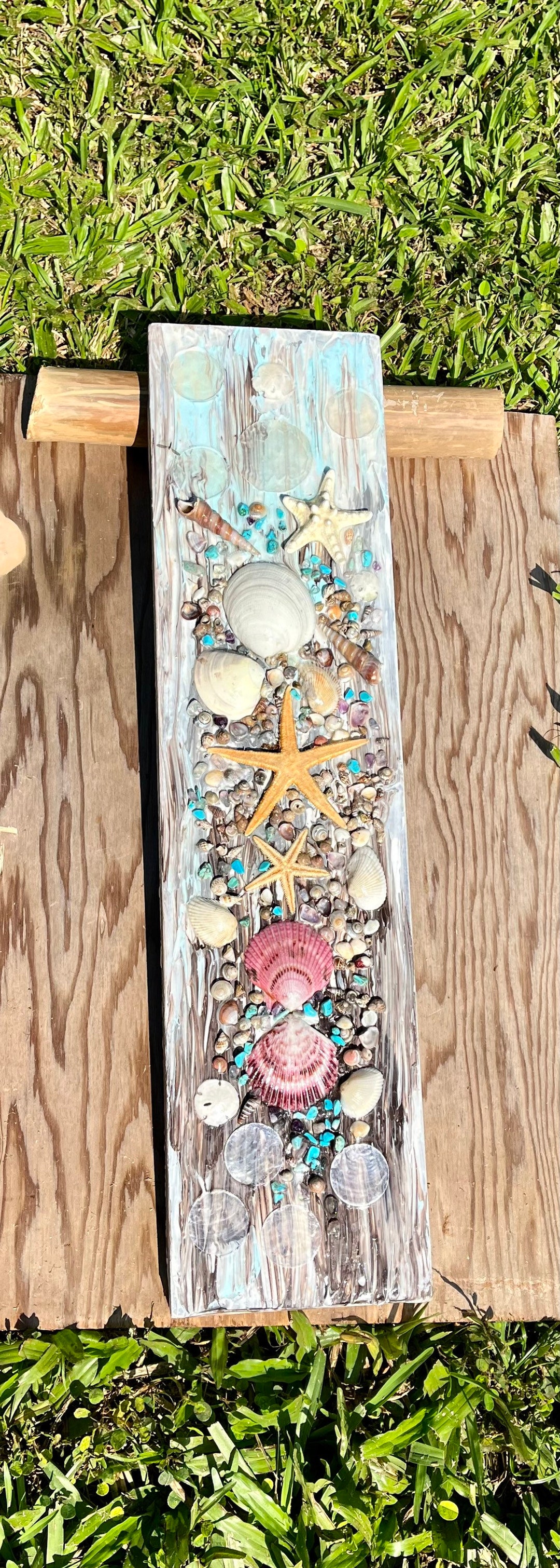 Seashells Wall Art Collage on Painted Textures Cradleboard Wood 24x6 ...