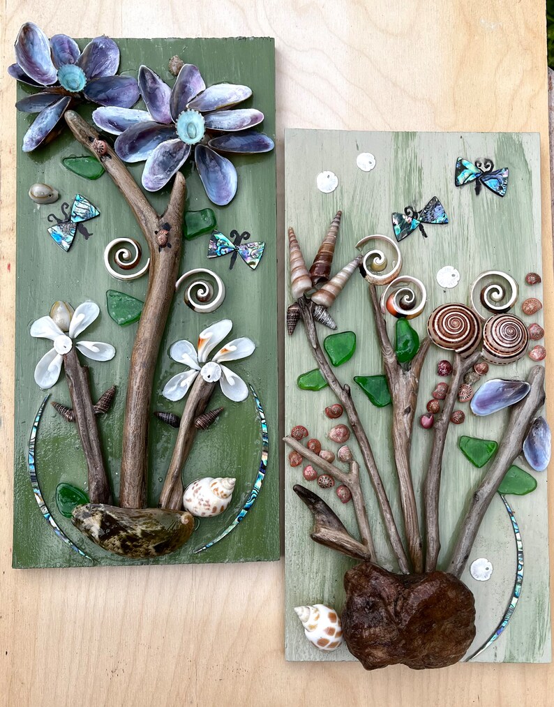 Two Seashell Flowers Collages Driftwood Wall Art - Etsy