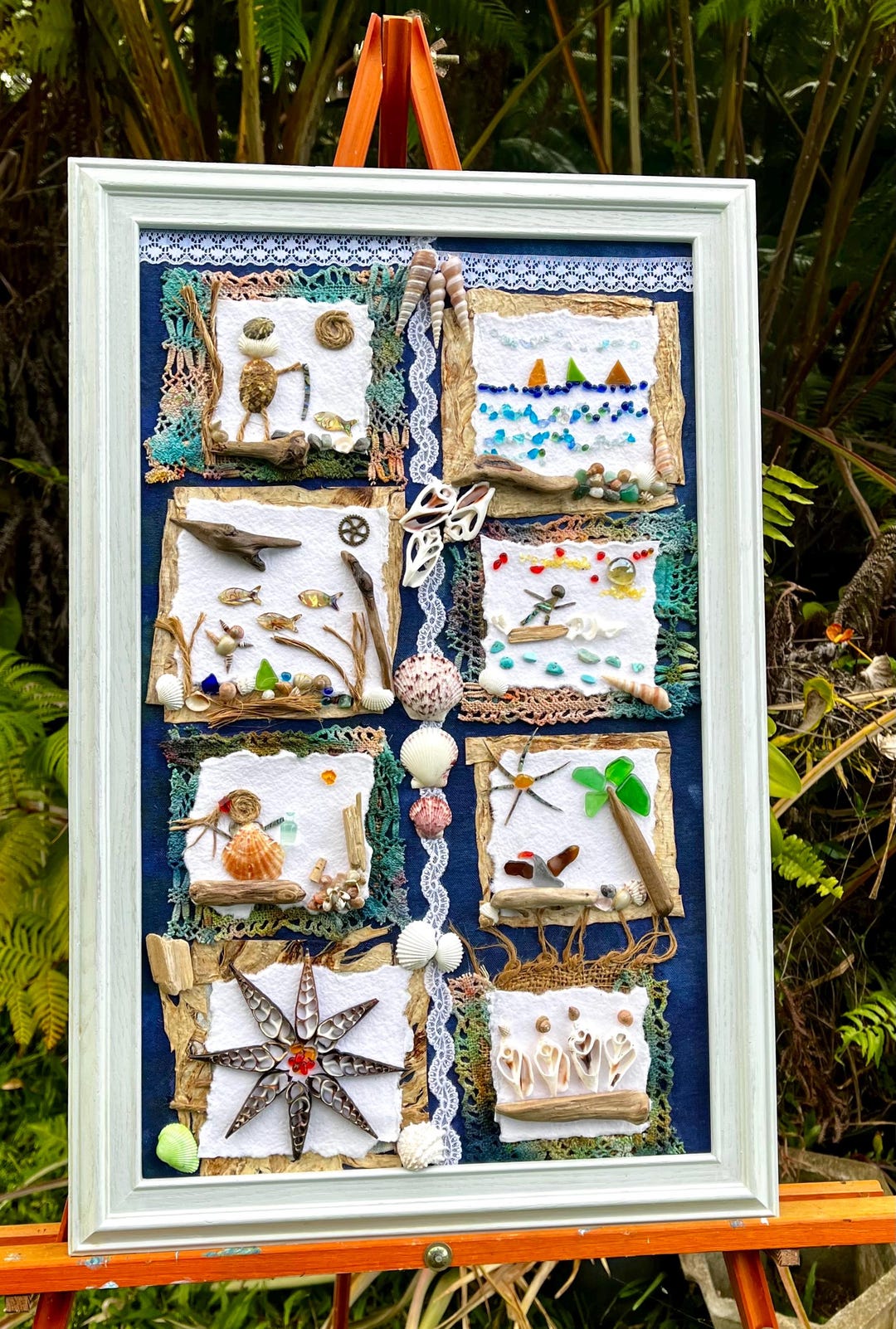 Ocean Theme Mixed Media Collage Shells Driftwood Fabric Seaglass Framed ...