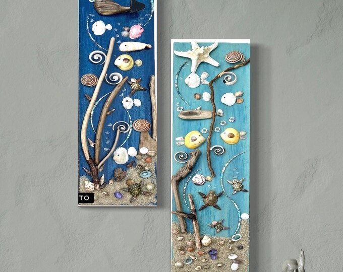 Swimming Fish Set of Two Seashells Driftwood Wall Collages - Etsy