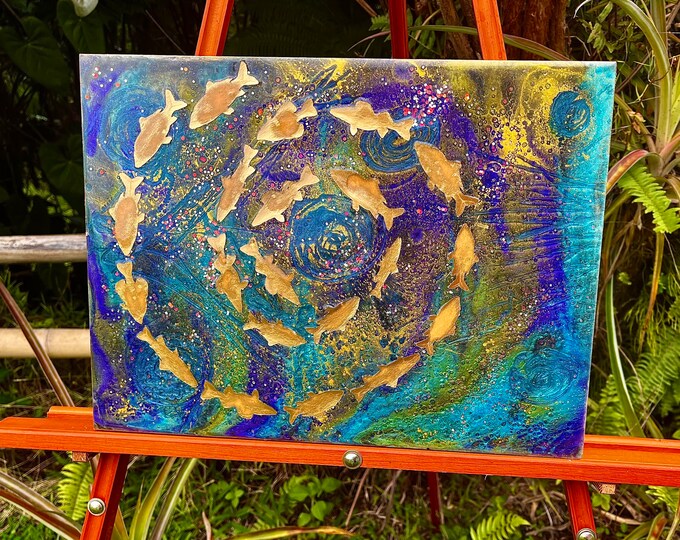 Swimming Fish Epoxy Resin Art Wall Decor 15.5x12” Painted With Gemstone ...