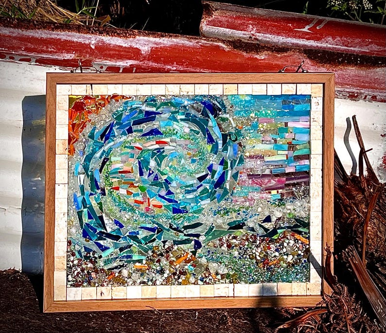 Ocean Wave Stained Glass Window Panel Framed and Hangers Crush Glass ...