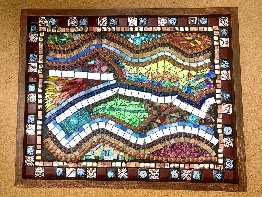 Mosaic Wall Art Multi Colored Tiles on Grouted Slate and Wood Stained ...