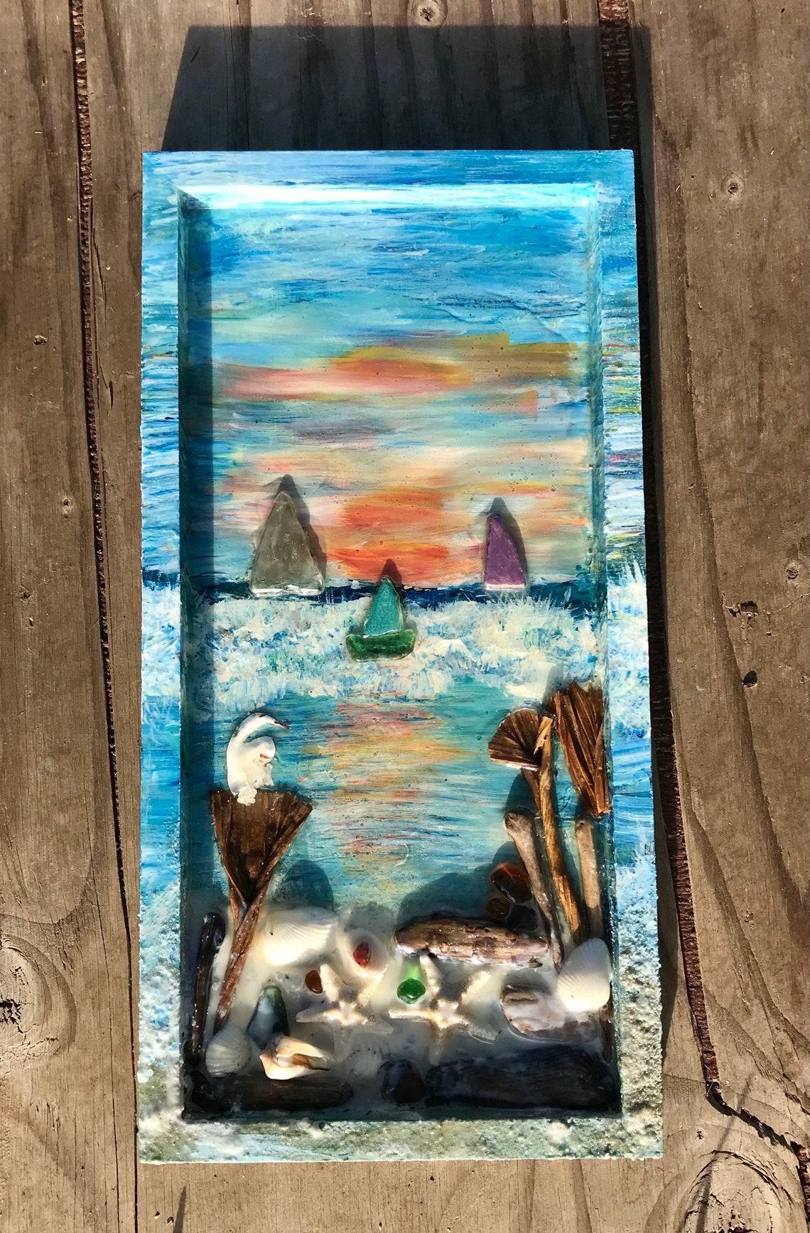 Hawaii Sunset Beach Collage. 16x9” Original Mixed Media Seashell Art - Etsy