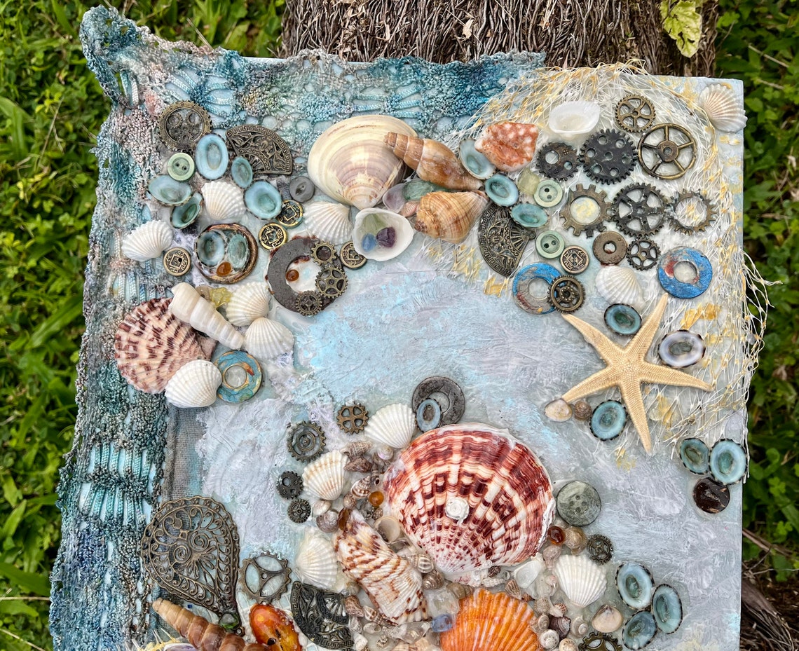Original Mixed Media Collage on Wood Seashellsfound Objects - Etsy