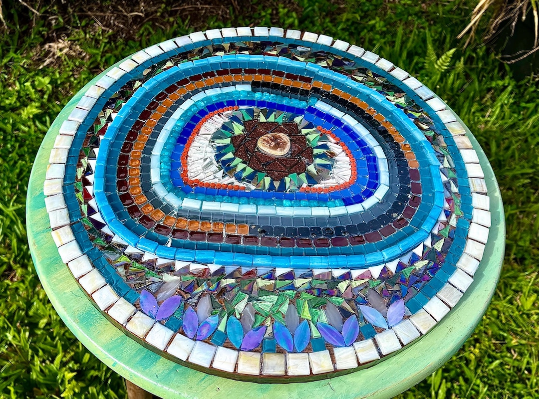 Handmade Colorful Mosaic Tabletop: Ceramic & Glass Tile Art (16” Round ...