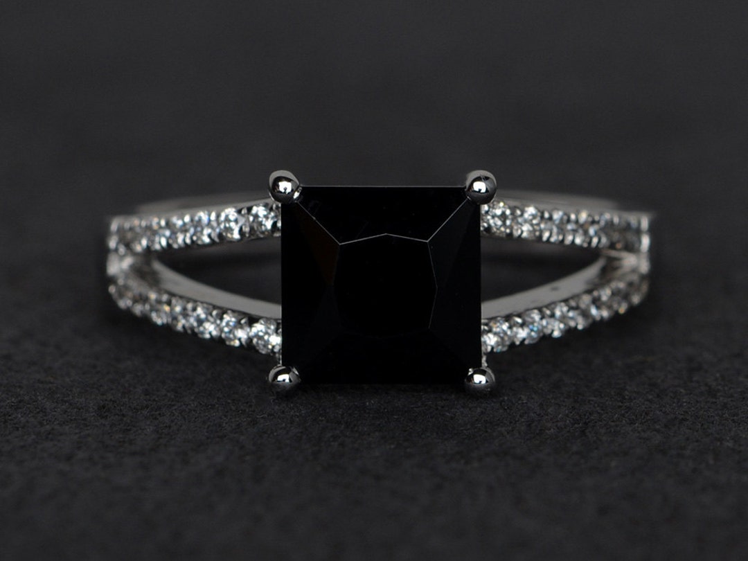 Natural Black Spinel Ring Square Cut Black Rings Silver Gemstone Ring ...