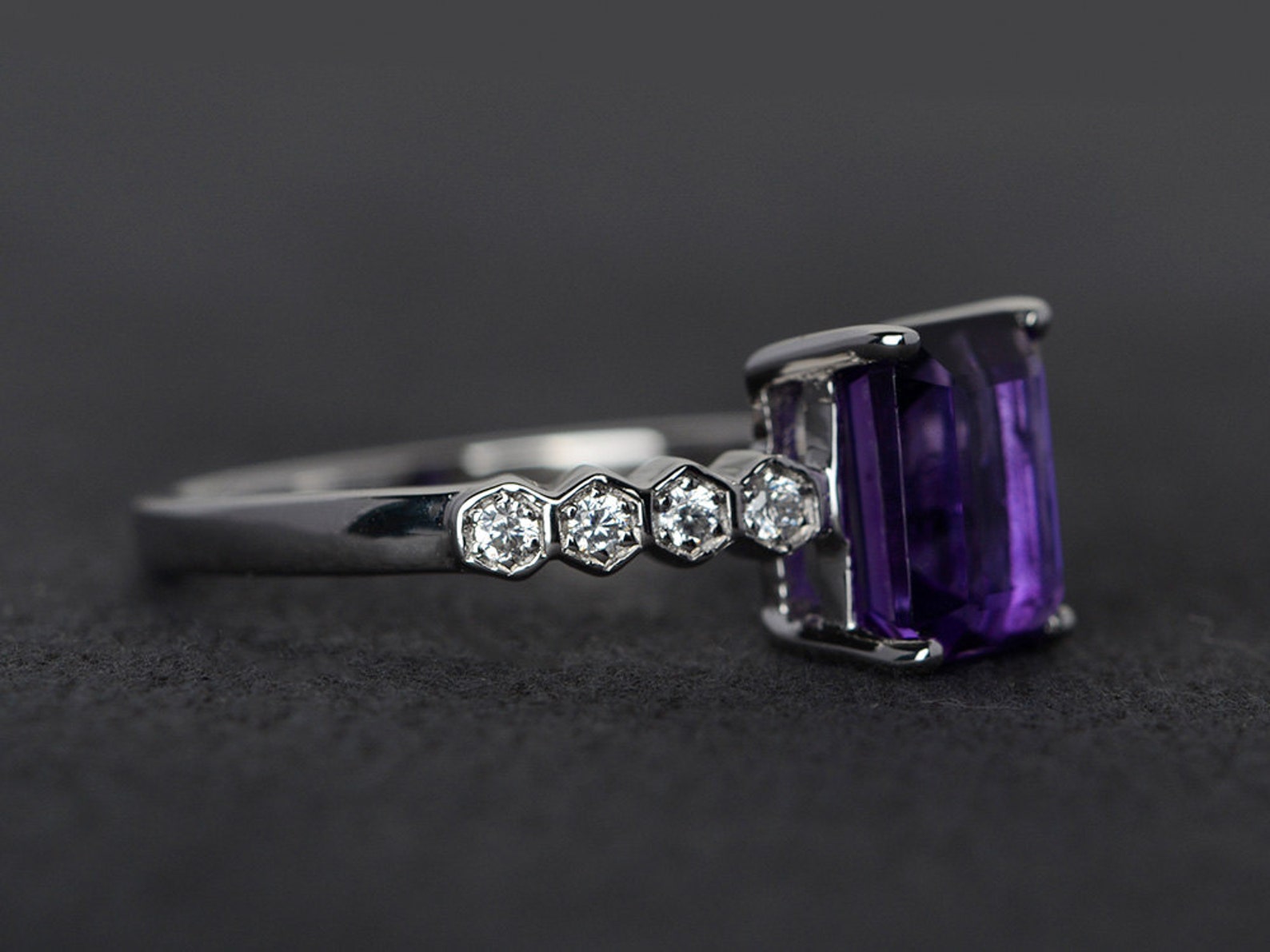 Amethyst Ring Emerald Cut Purple Amethyst Ring Engagement Ring | Etsy