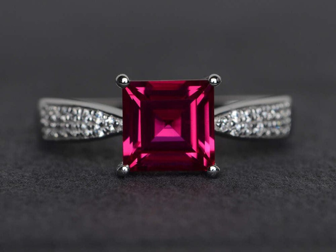 Ruby Ring Silver Square Cut Ruby Engagement Ring Sterling Silver Ring ...