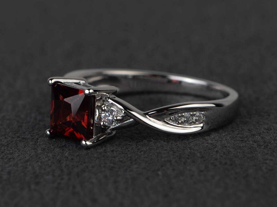 Princess Cut Garnet Engagement Ring Red Gemstone Ring January - Etsy