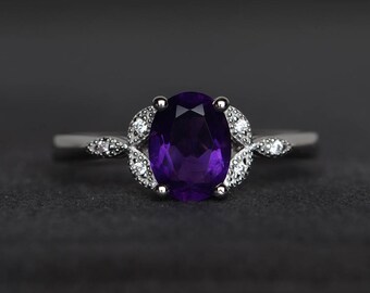 Natural Amethyst Ring Promise Ring Oval Cut Gems Purple Gemstone February Birthstone Ring ...