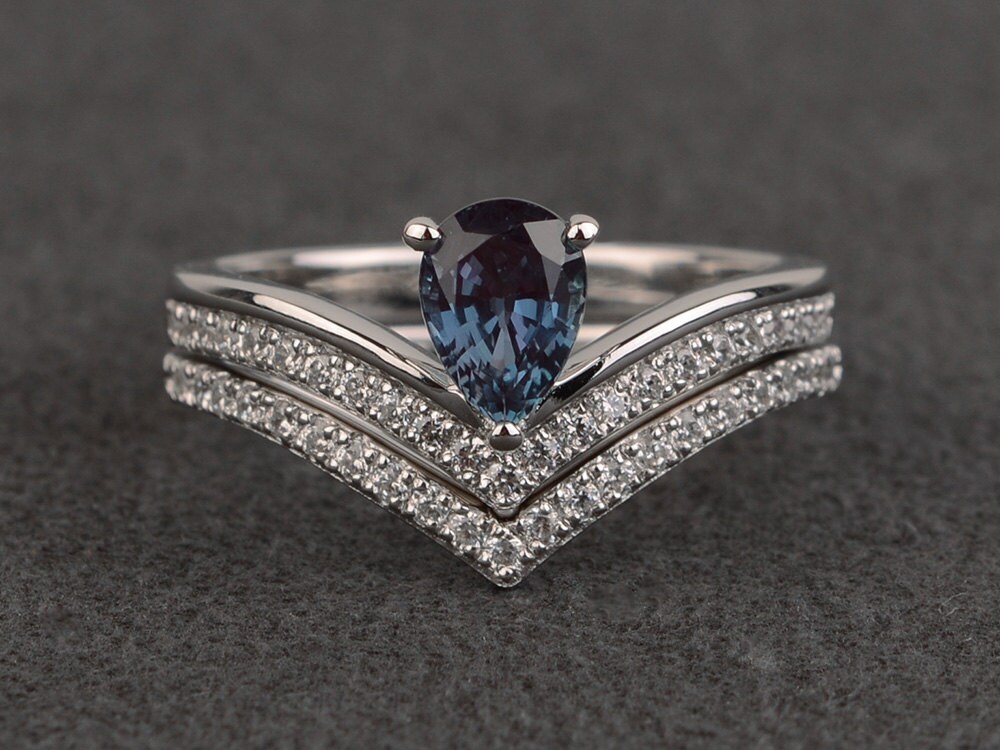 Alexandrite Rings Color Engagement Ring Set Pear Cut Stacking | Etsy