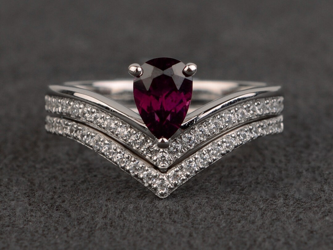 Garnet Ring Tear Drop Garnet Rings Set Women Garnet Engagement Ring ...