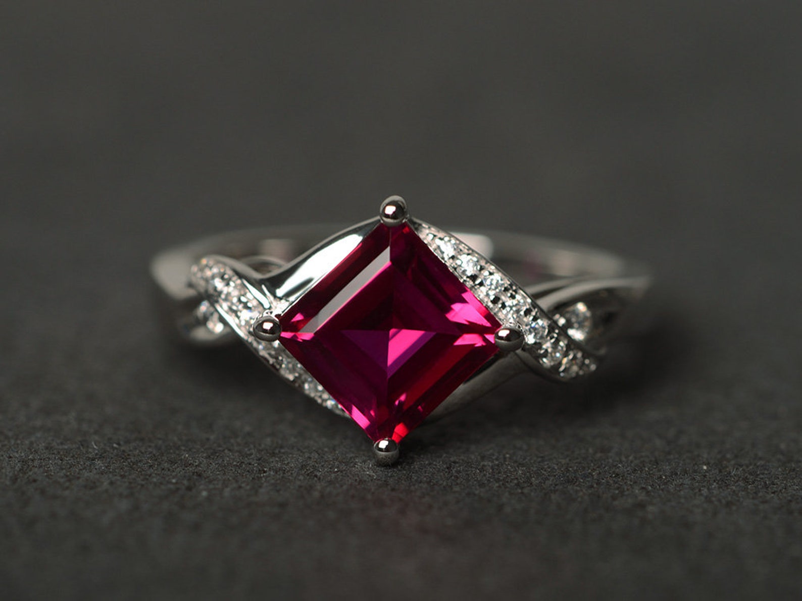 Lab Ruby Ring Silver Engagement Ring Square Cut Red Gemstone - Etsy