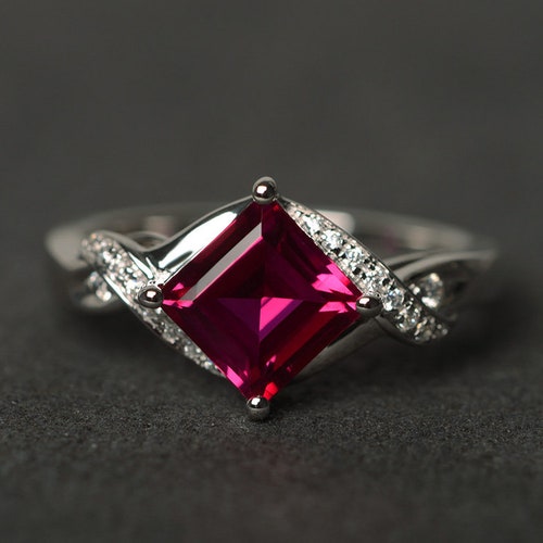 Lab Ruby Ring Silver Engagement Ring Square Cut Red Gemstone - Etsy